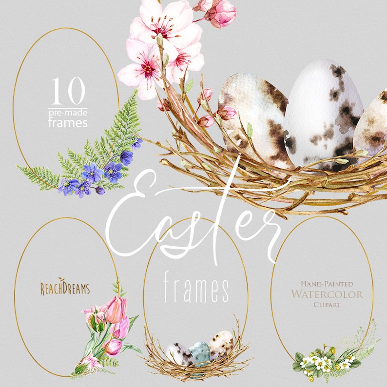 Easter Watercolor Clipart Frames Eggs Floral Feathers | Etsy