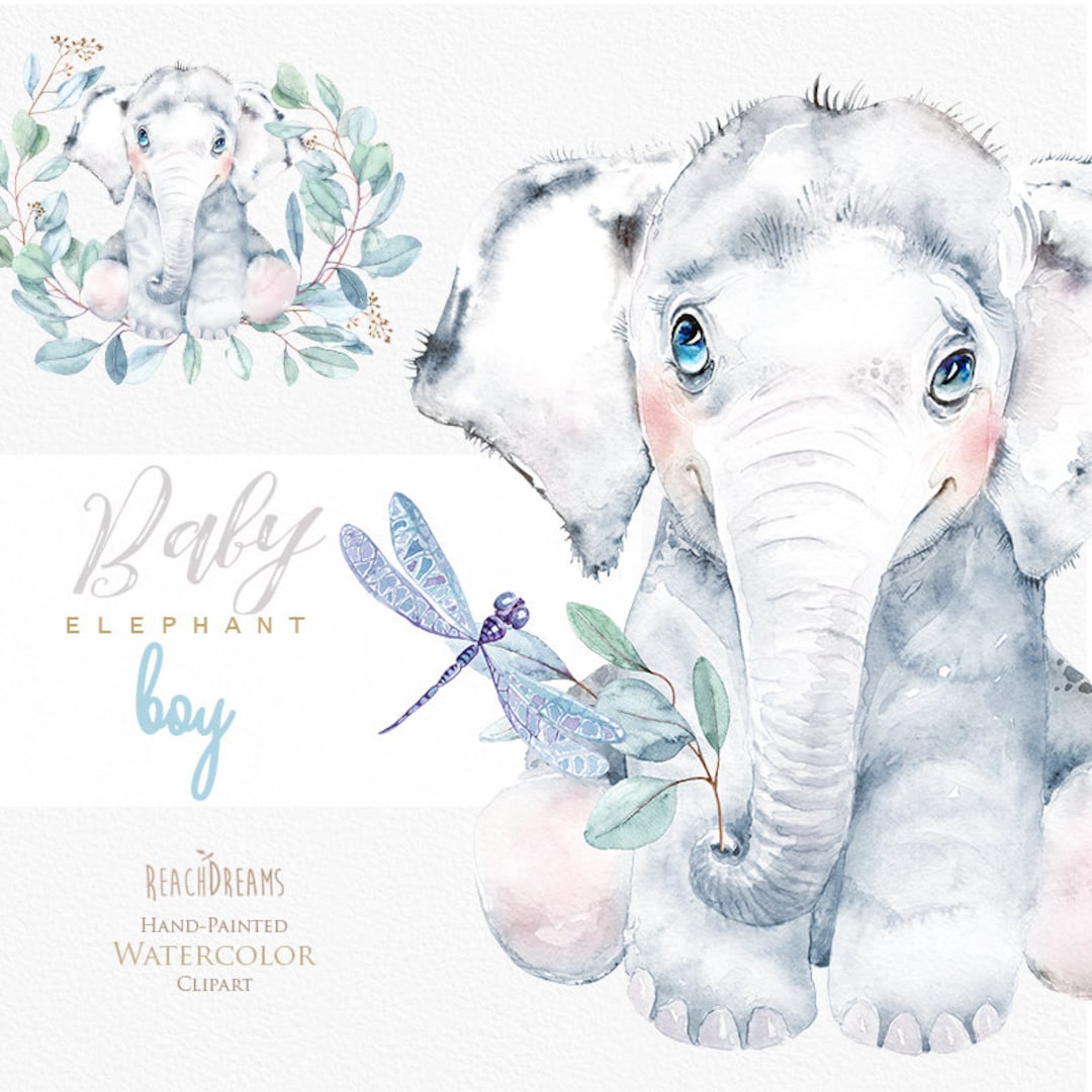 Watercolor Elephant, Boy, Little Animals Clipart, Babies Portrait, Cub ...