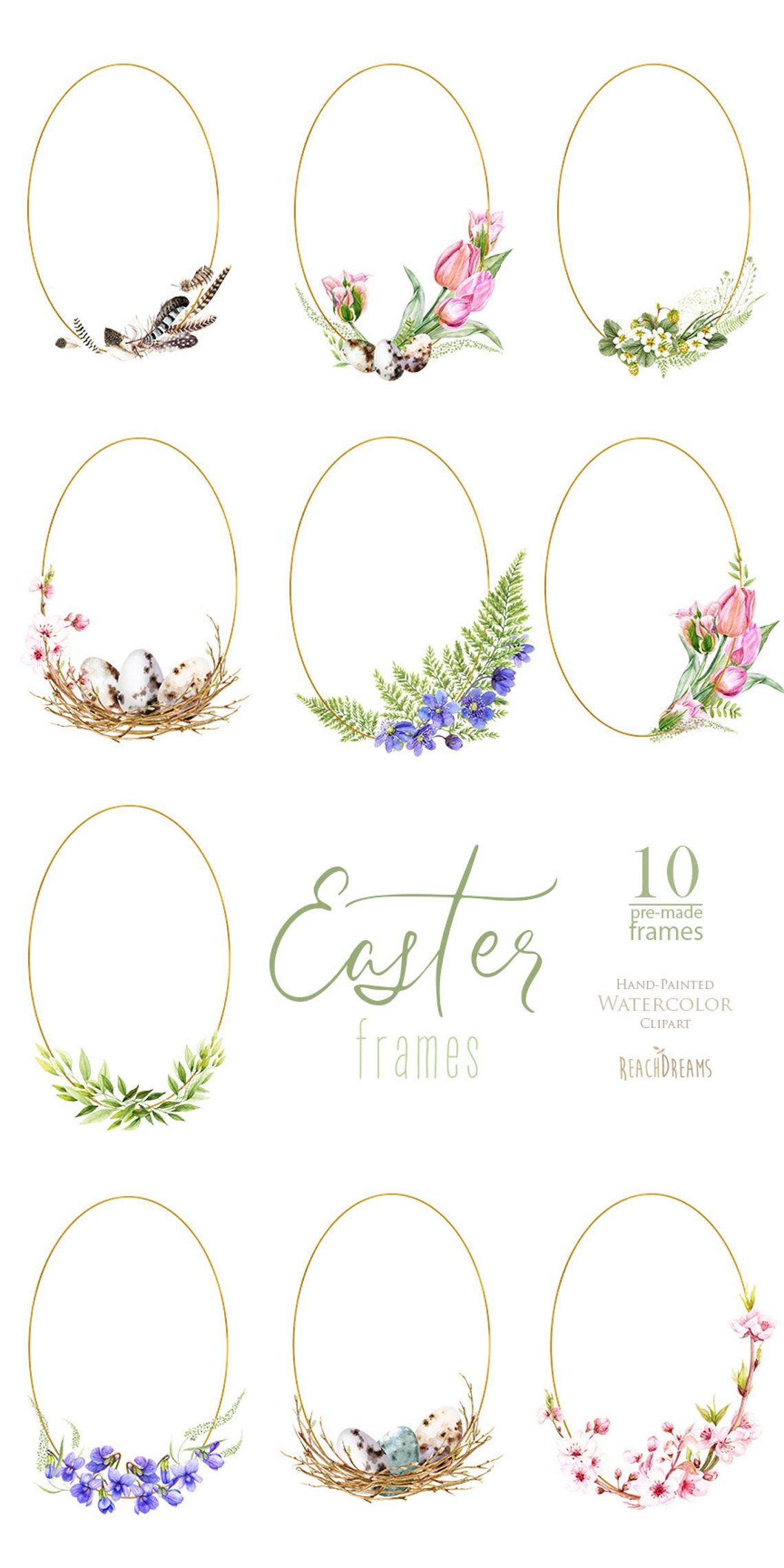 Easter Watercolor Clipart Frames Eggs Floral Feathers | Etsy