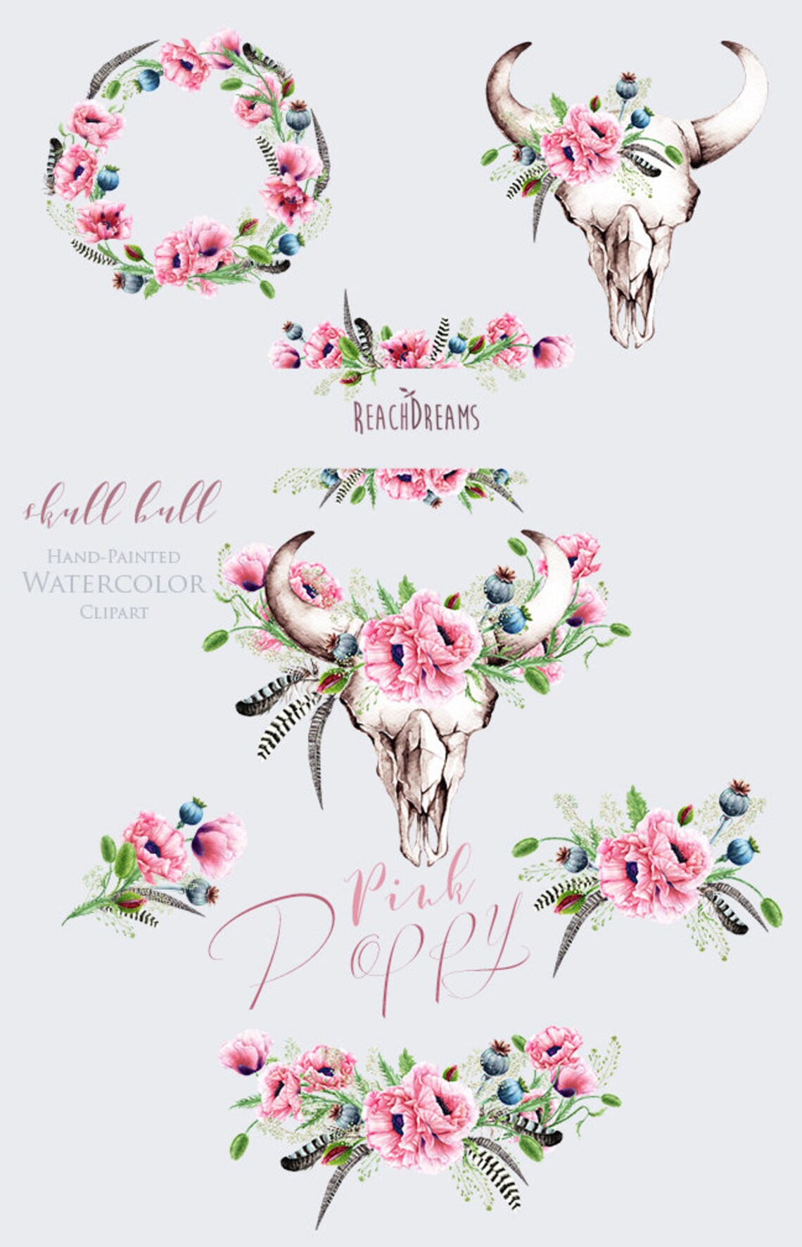 Watercolor Skull Bull Pink Poppy, Handpainted Frames, Poppies Flowers ...