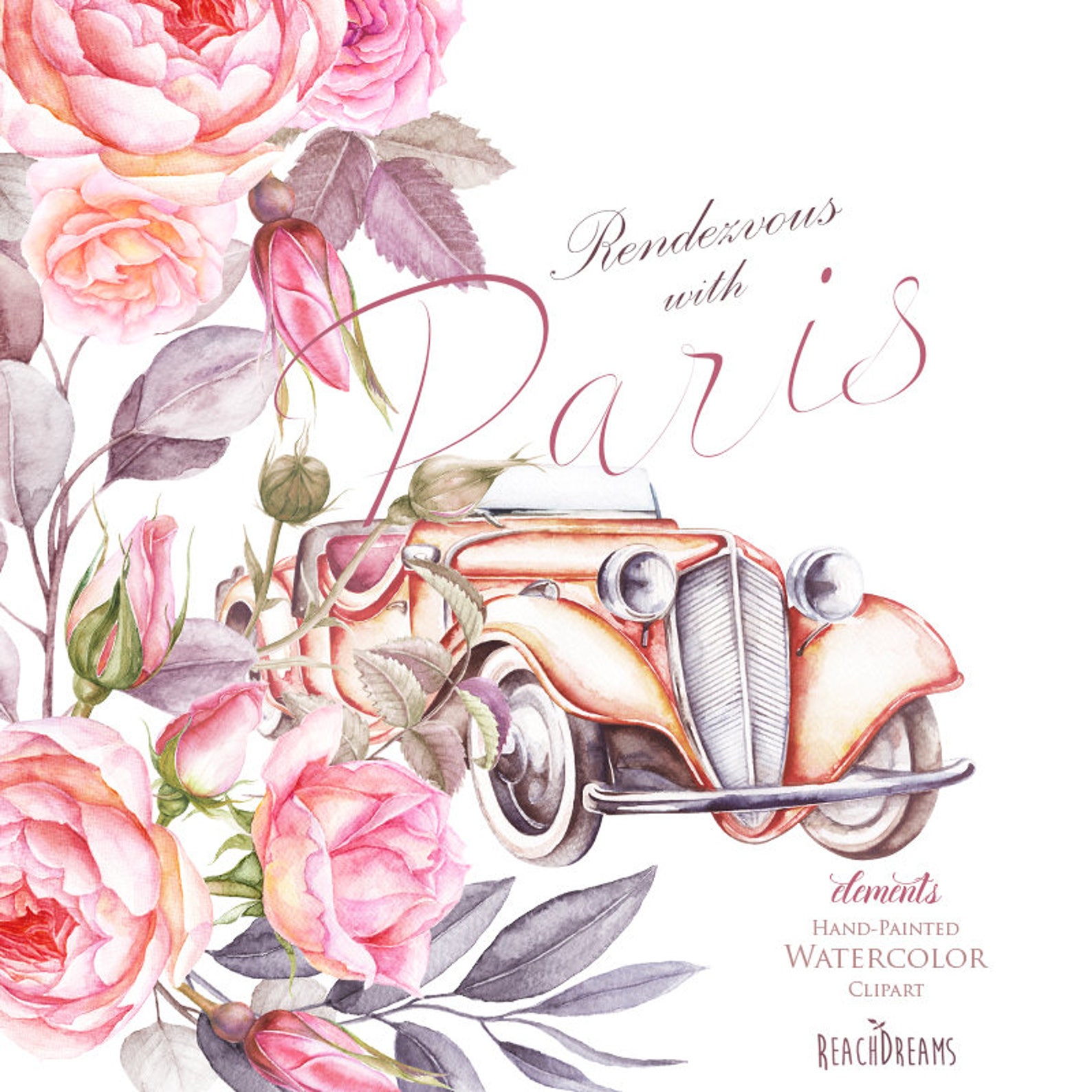 Paris Watercolor Clipart France Eiffel Tower France Roses - Etsy