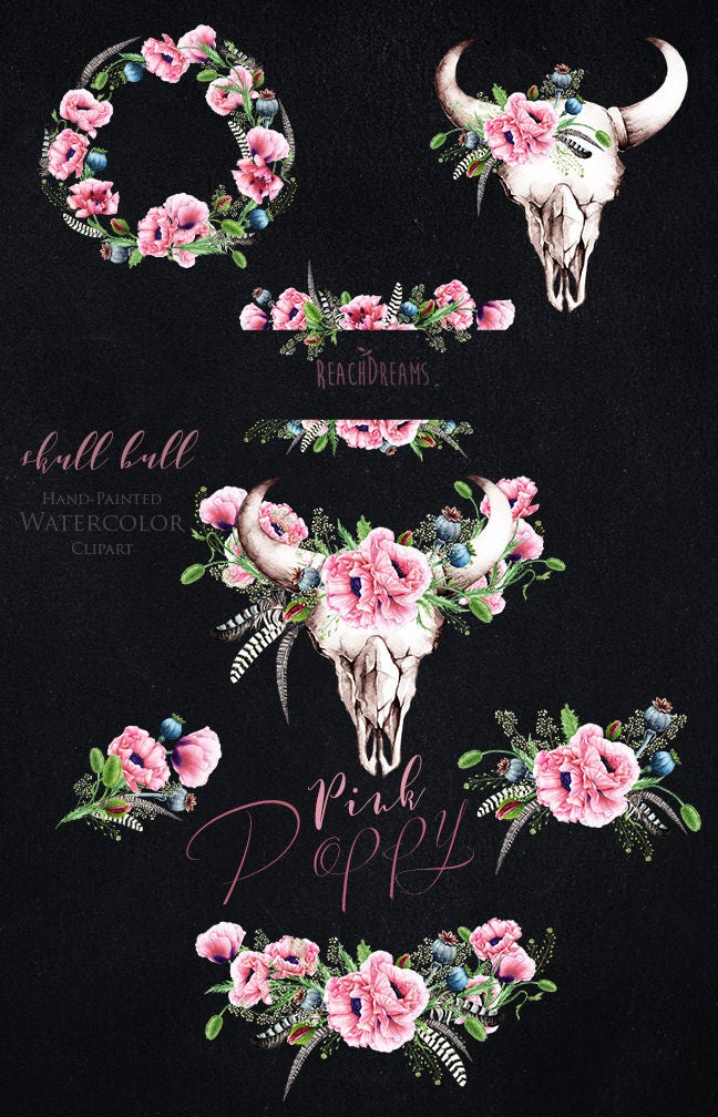 Watercolor Skull Bull Pink Poppy, Handpainted Frames, Poppies Flowers ...