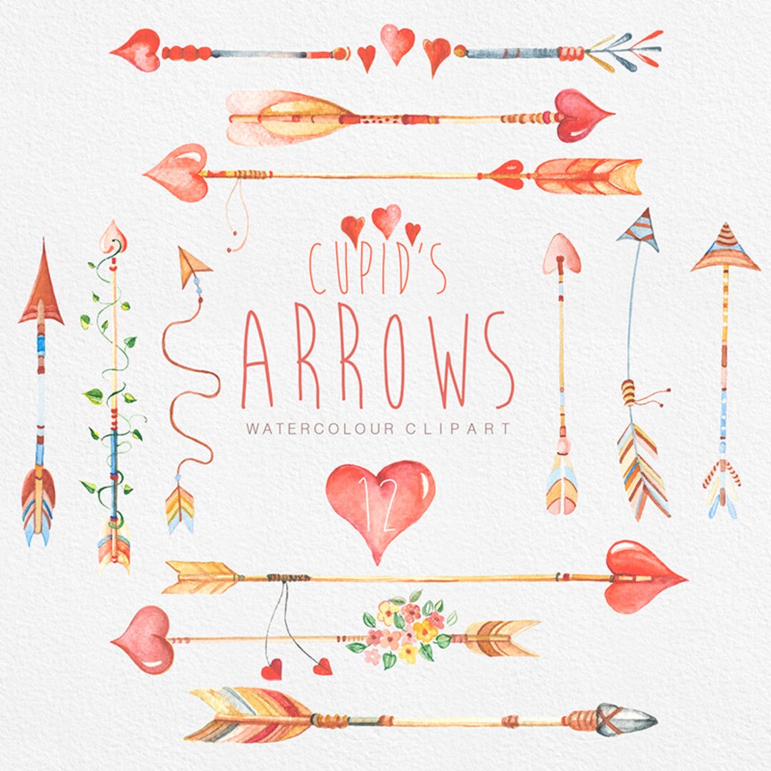 Arrows Сupid's, Hand Drawn Watercolour Clipart. DIY Elements, Hearts ...