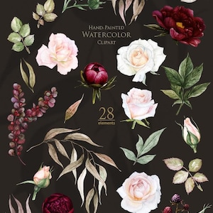 Floral Clipart Peonies Roses, Dark Burgundy Flowers, Purple, Pink ...