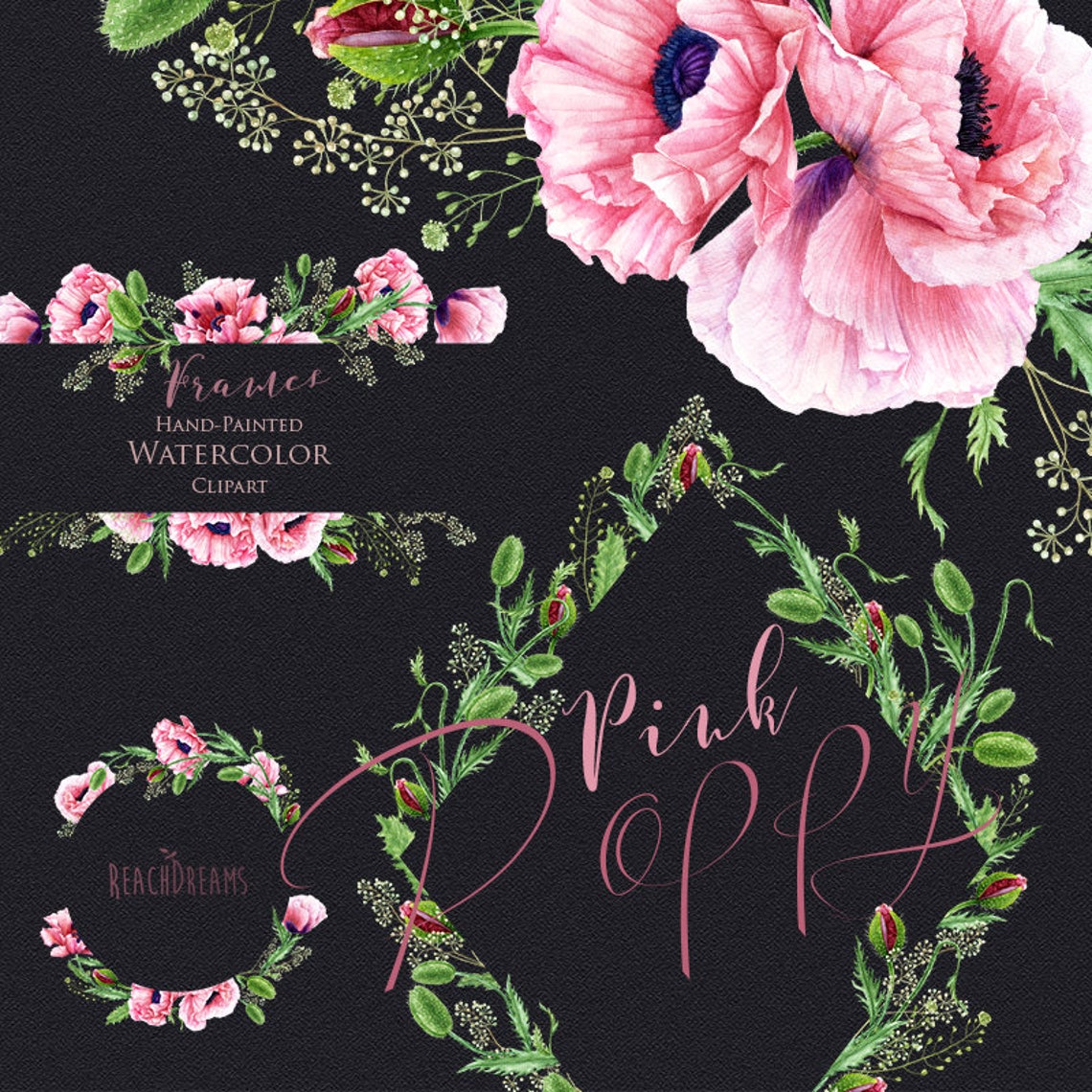 Watercolor Pink Poppy Handpainted Frames Poppies Flowers - Etsy