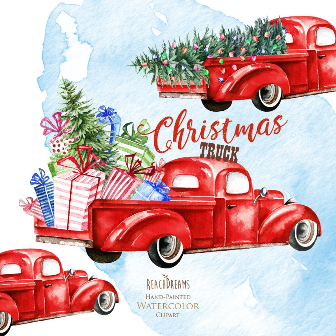 Watercolor Christmas Truck Vintage Red Pickup Pine Tree - Etsy Canada