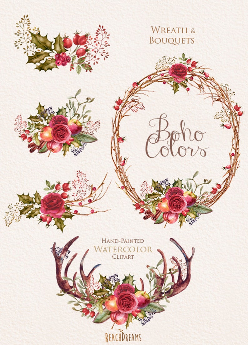Watercolor Boho Clipart. Flowers Wreath and Bouquets. Wedding | Etsy UK