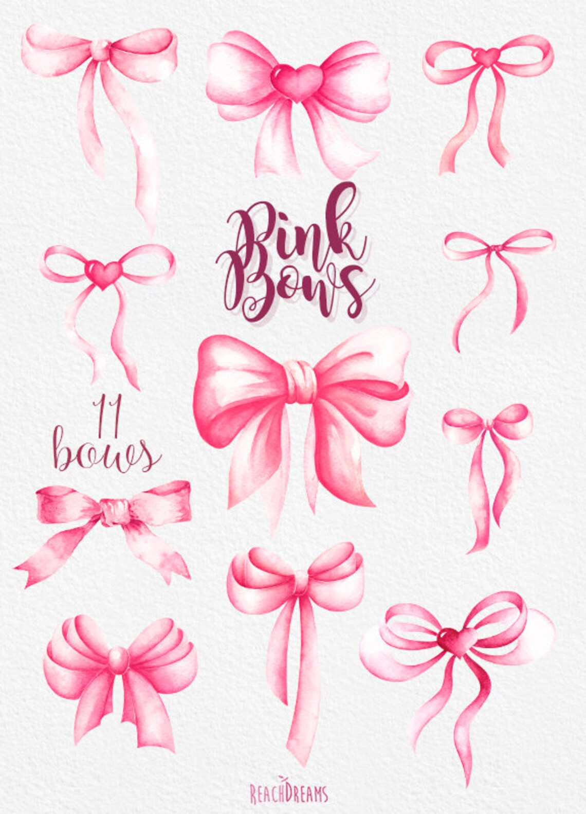 Pink Bows Watercolor Handpainted Clipart silk bow romantic | Etsy