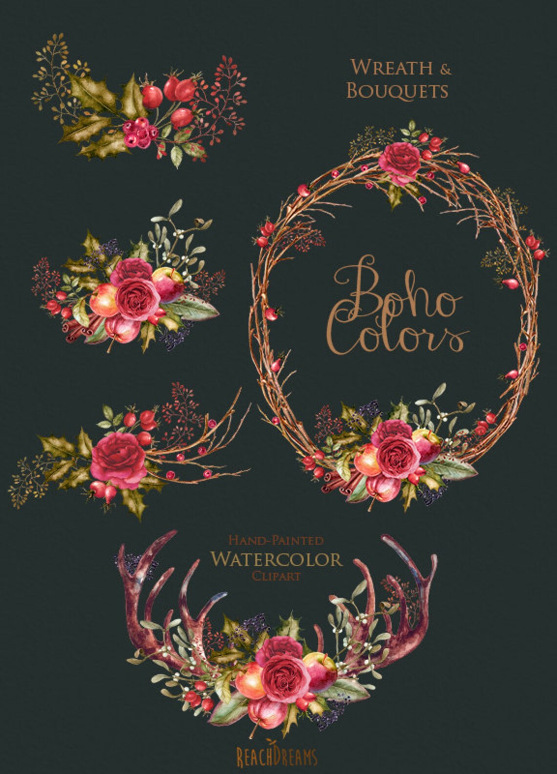 Watercolor Boho Clipart. Flowers Wreath and Bouquets. Wedding | Etsy UK