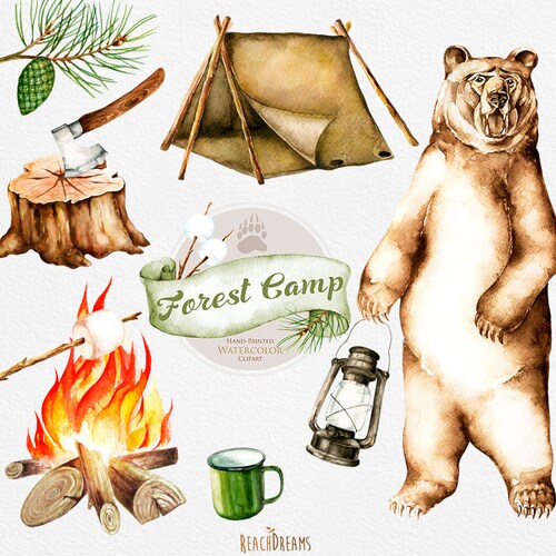 Watercolor Camping Clipart Nature Forest Marshmallow - Etsy