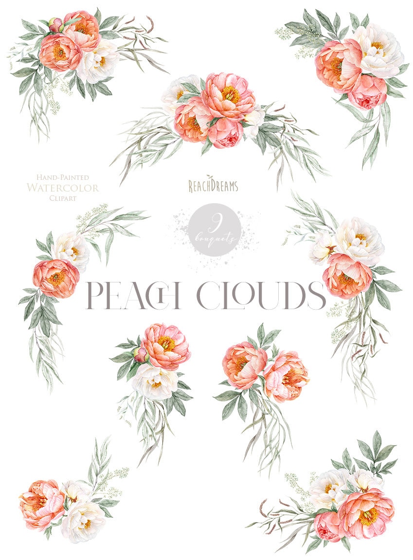 Floral Clipart Peach Peonies White Flowers Greenery Leaves - Etsy