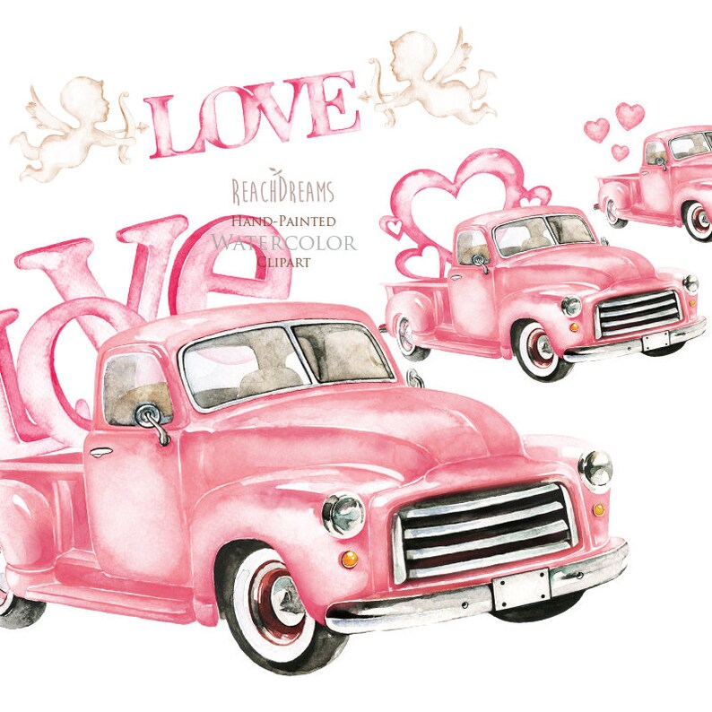 Valentine's Day Clipart Watercolor Vintage Pink Truck - Etsy