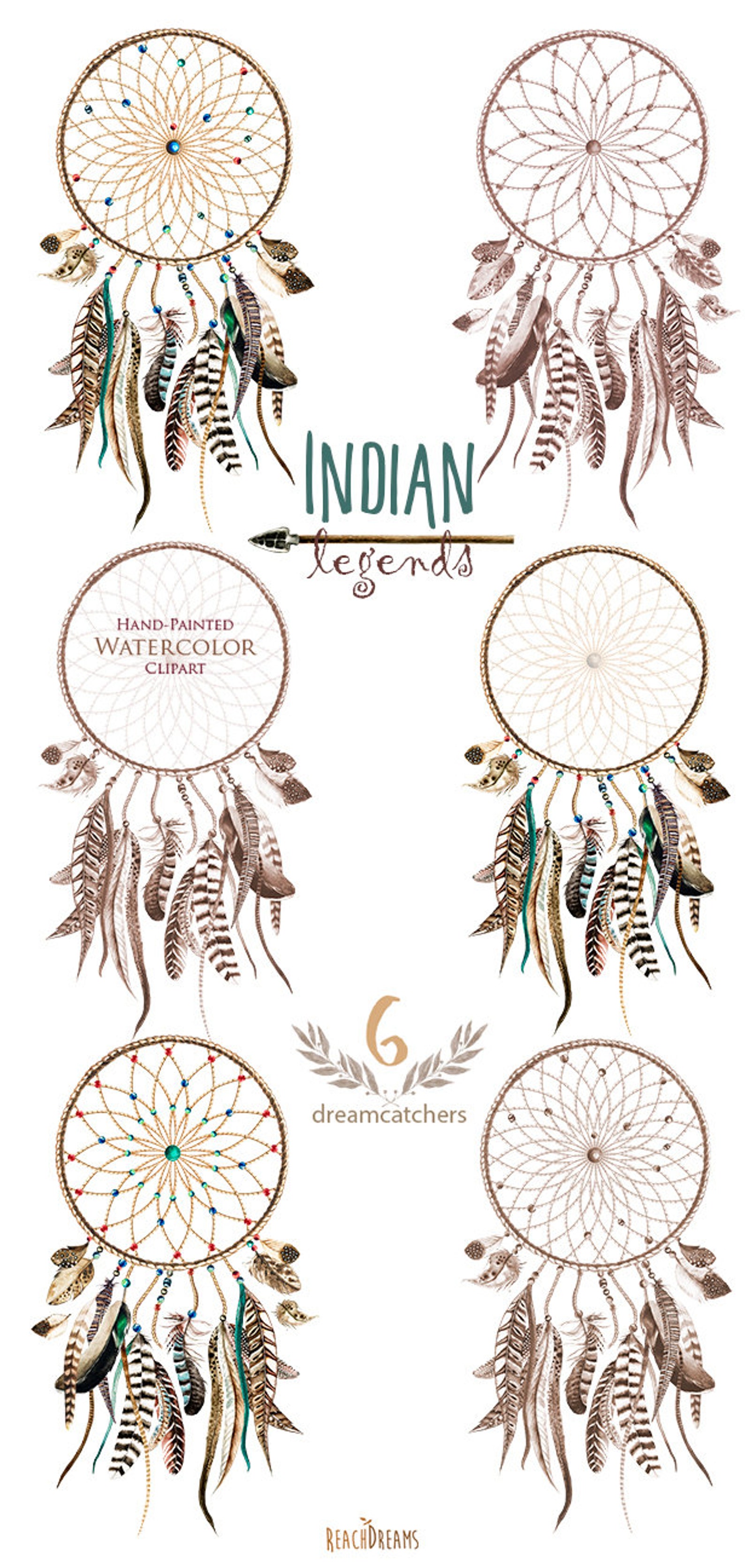 Indian Legends. Watercolor Dreamcatchers Clipart, Tribal, Feathers ...