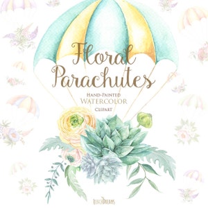 Watercolor Parachutes With Floral Wedding Bouquets. Hand Painted ...
