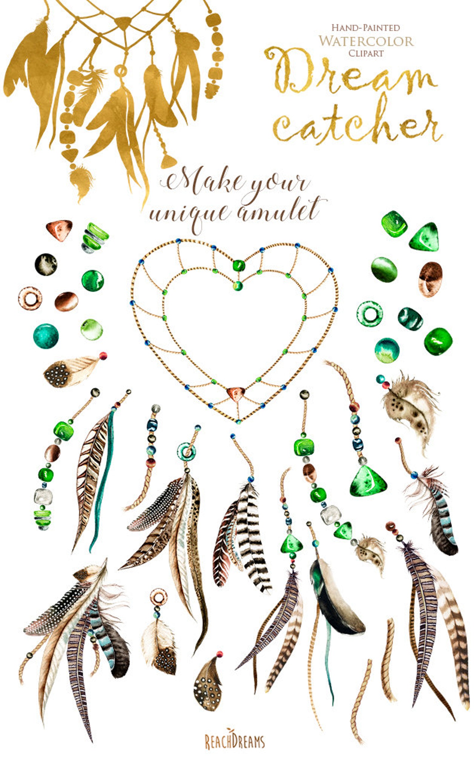 Watercolor Dreamcatchers Clipart Heart Tribal Feathers - Etsy
