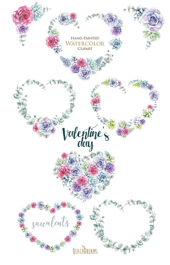 Valentine's Day Watercolor Succulents Clipart Resources - Etsy