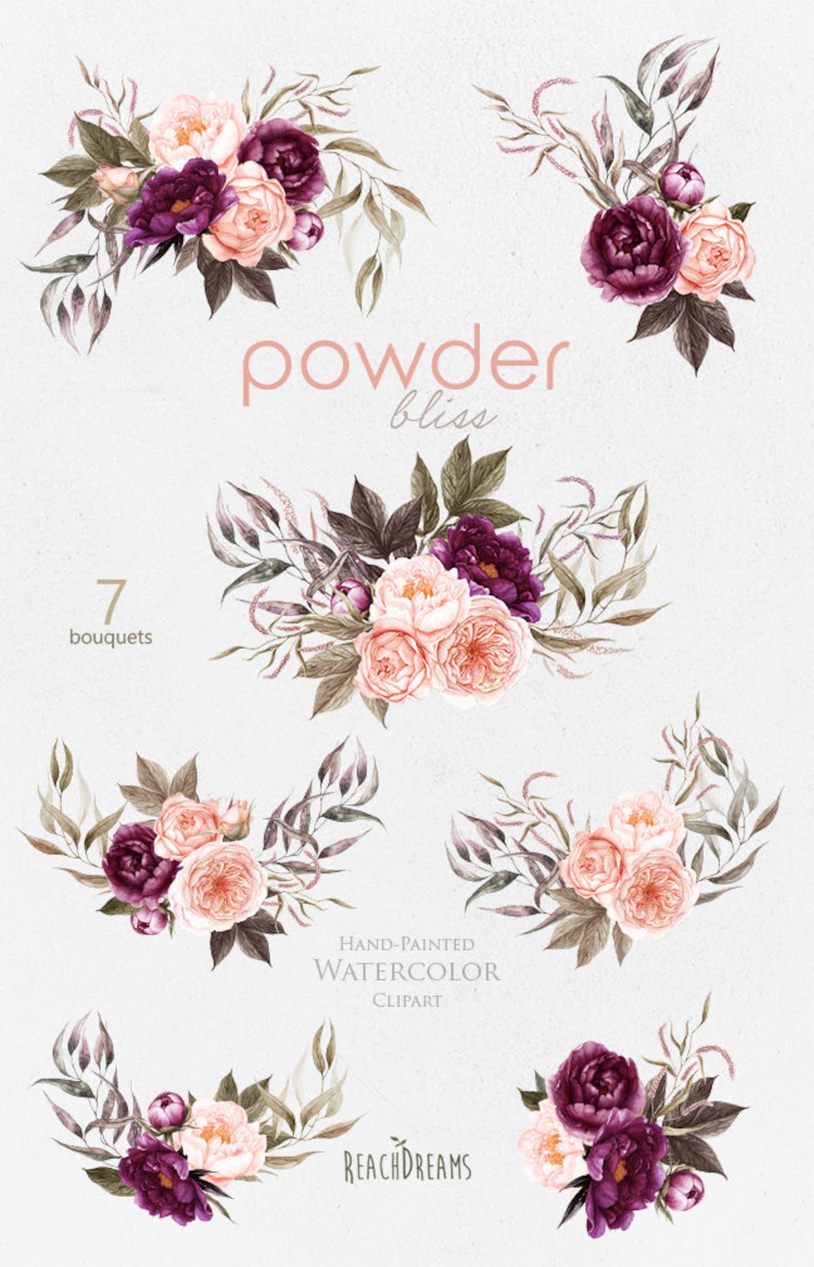 Peonies Flowers Watercolor Roses Floral Bouquets Powder - Etsy
