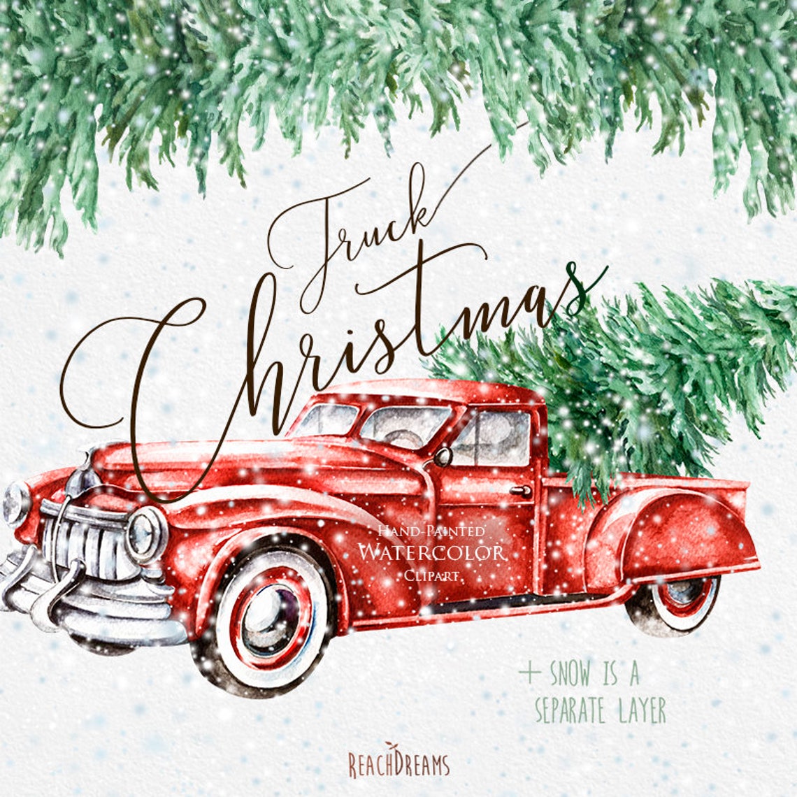 Watercolor Christmas Truck Vintage Red Pickup Pine Tree | Etsy