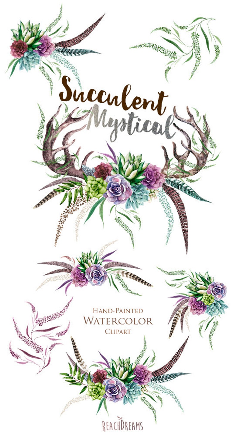 Watercolor Wedding Succulent Bouquets Boho Clipart Floral - Etsy
