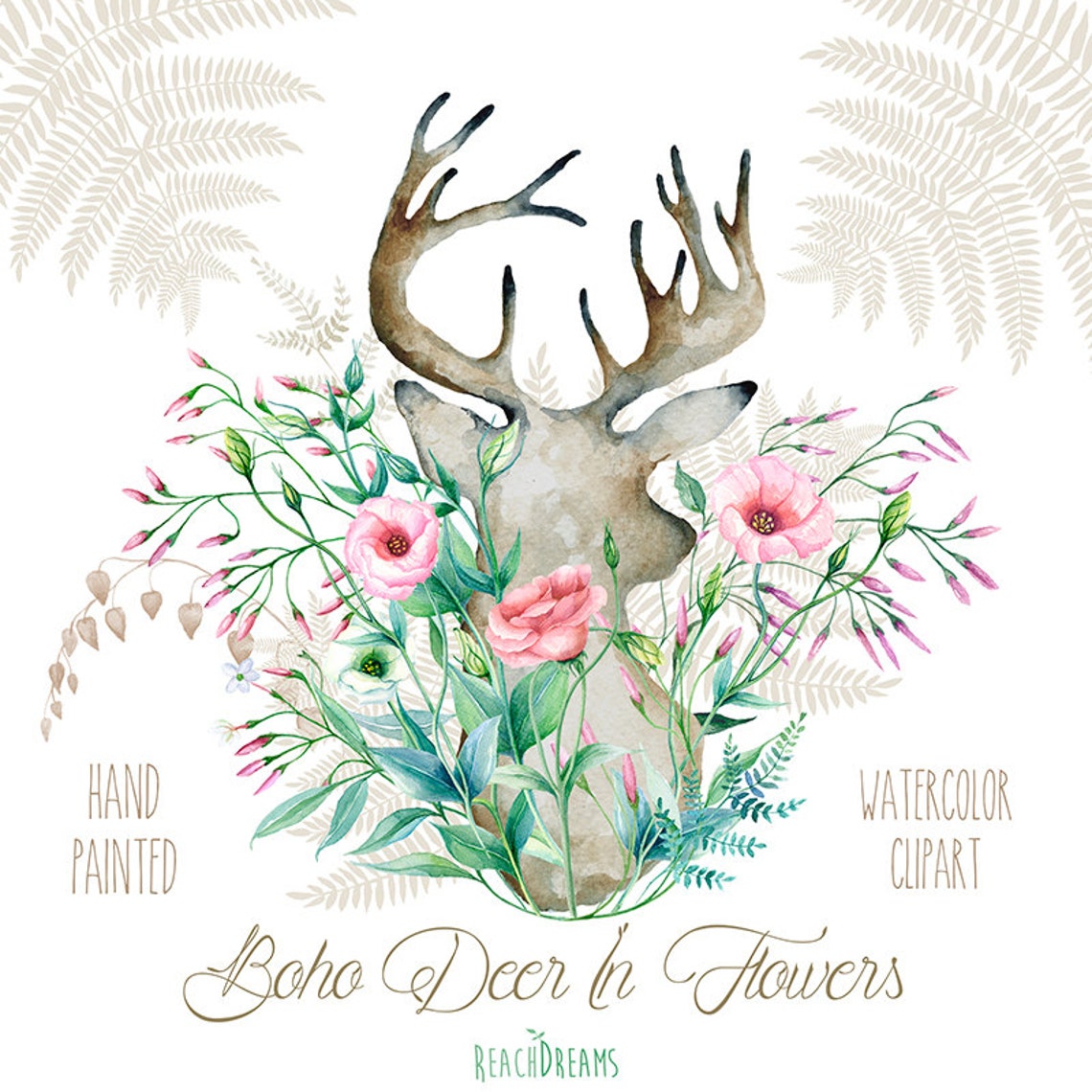 Deer With Flowers. Hand Painted Horns, Antlers, Fern, Lisianthus ...