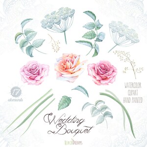 Watercolor Wedding Bouquet, Roses Flowers, Foliage, Hand Painted ...