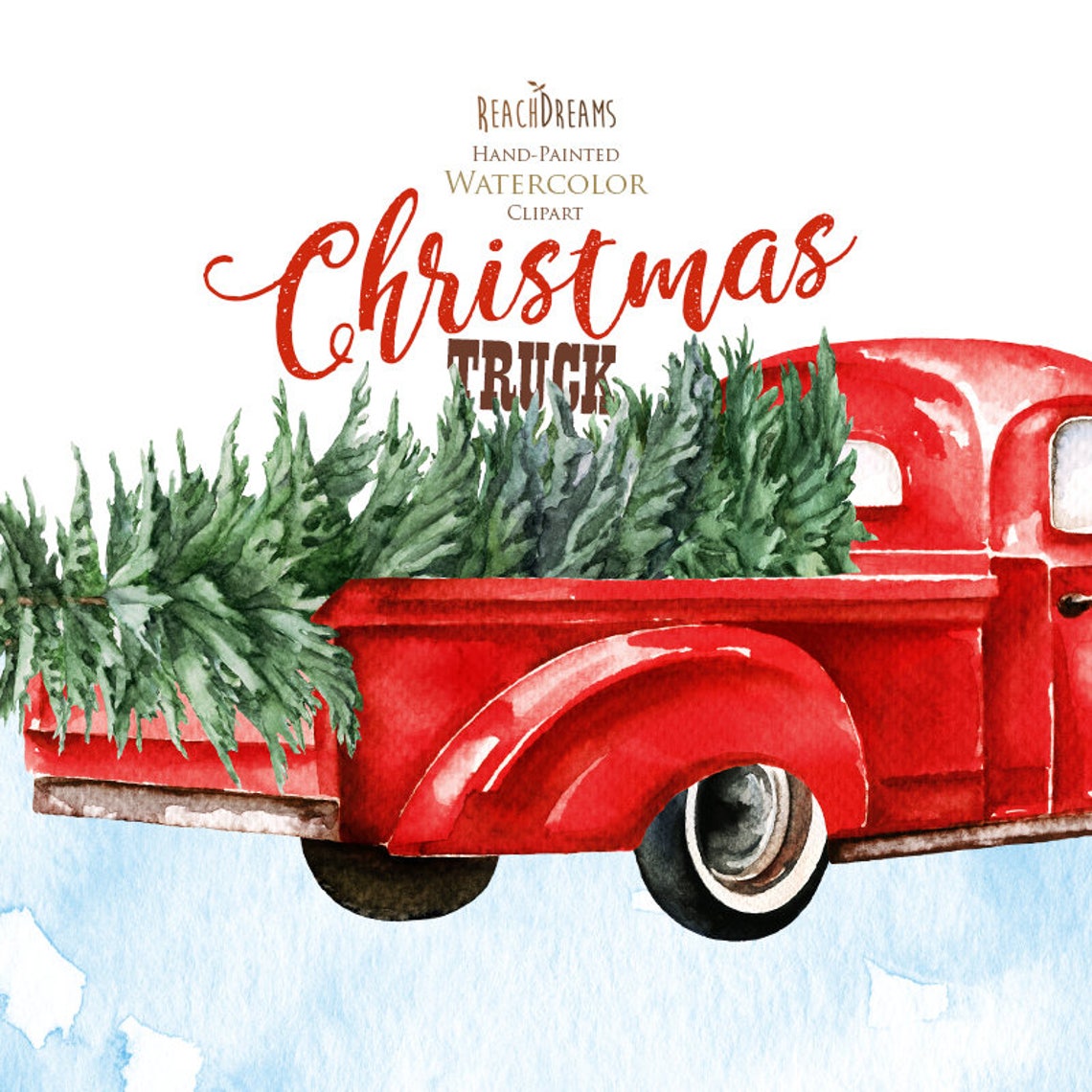 Watercolor Christmas Truck Vintage Red Pickup Pine Tree | Etsy Canada