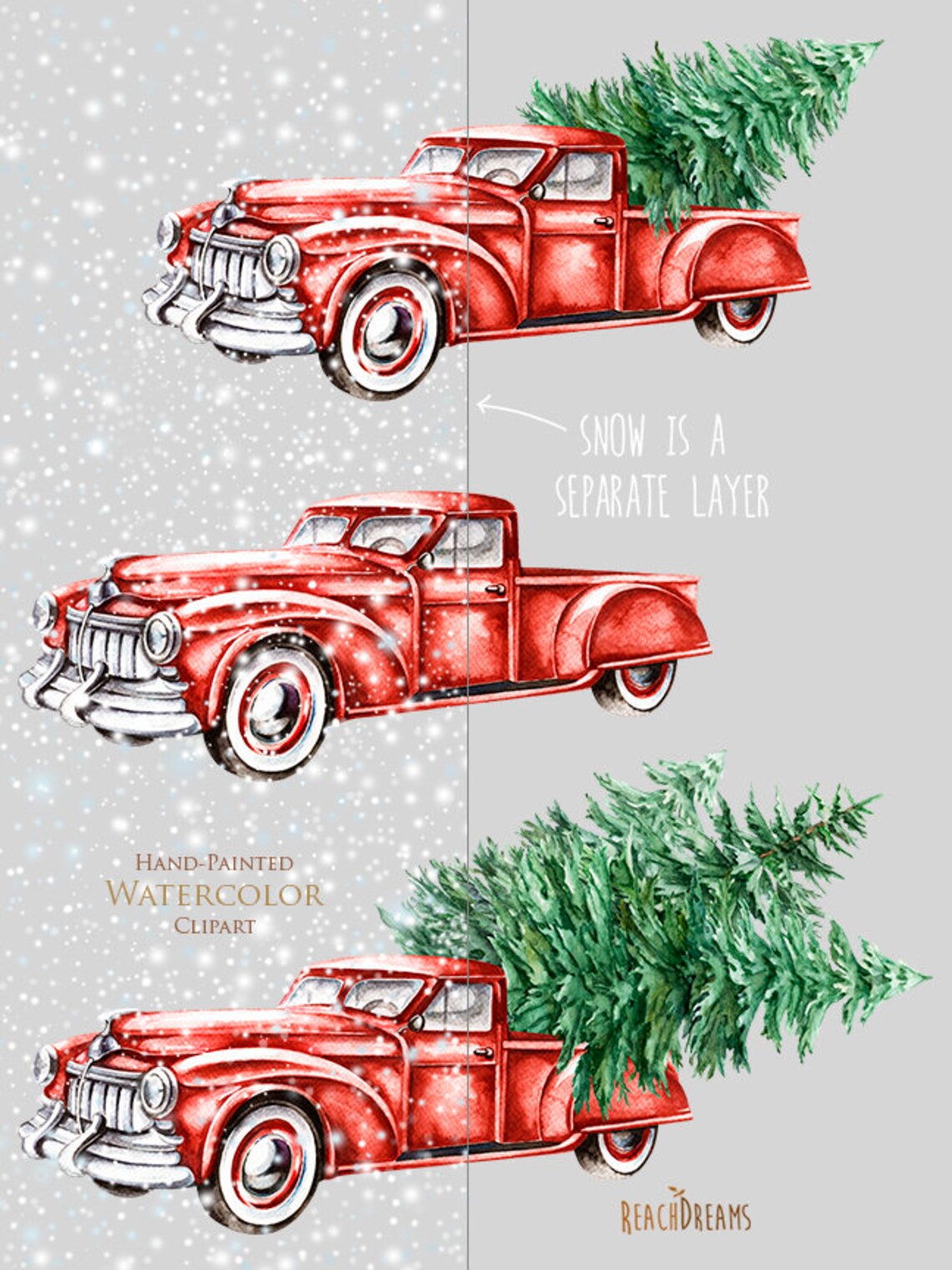 Watercolor Christmas Truck Vintage Red Pickup Pine Tree - Etsy