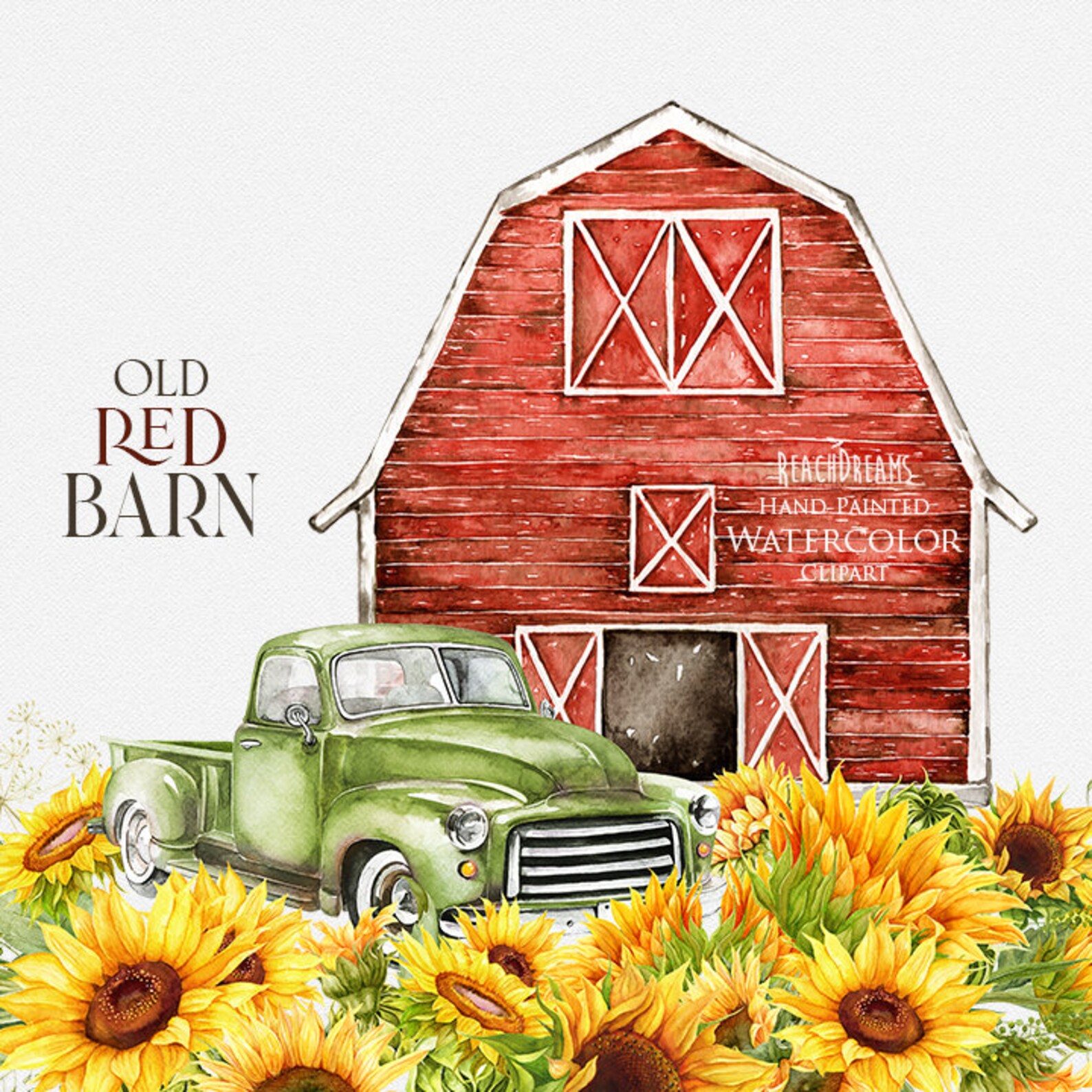 Barn Watercolor Clipart Red Barn House Farm Retro Car - Etsy
