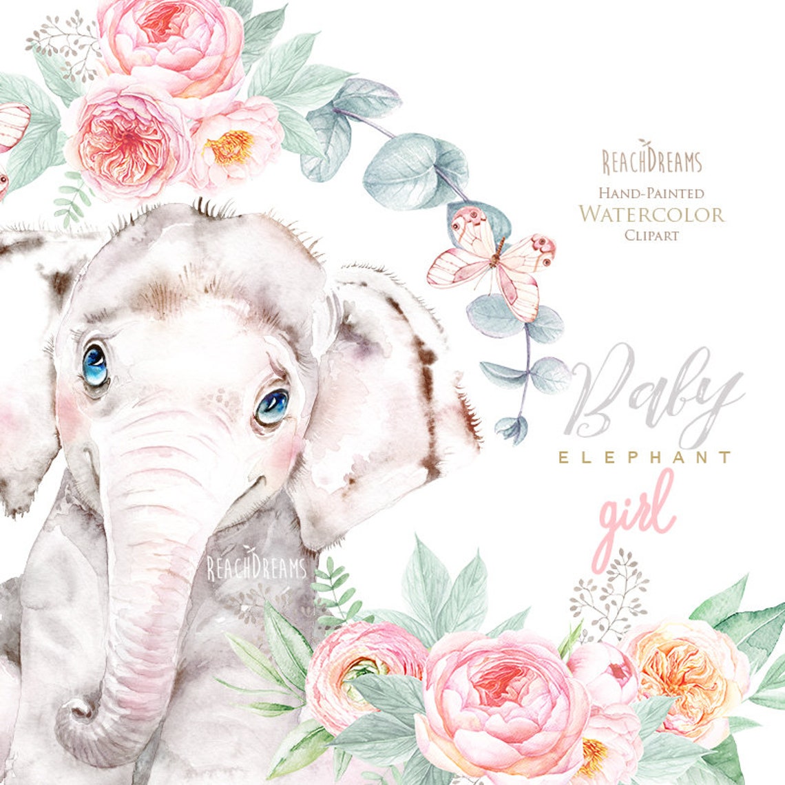 Watercolor Elephant, Little Animals Clipart, Girl, Babies Portrait, Cub ...
