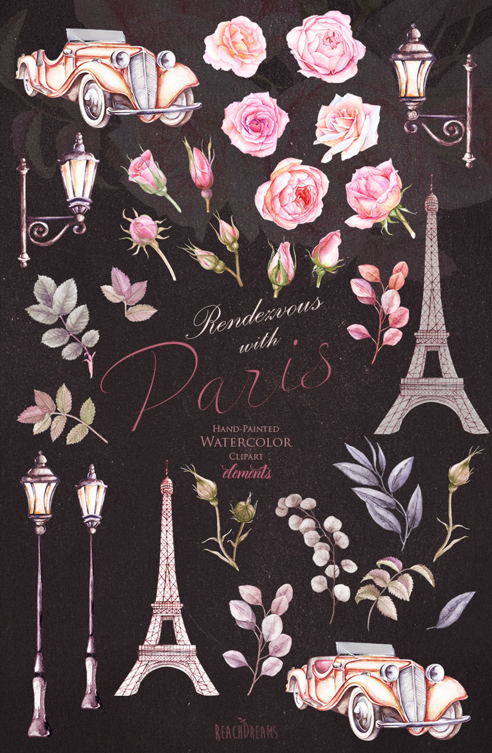 Paris Watercolor Clipart, France, Eiffel Tower, France, Roses Flowers ...