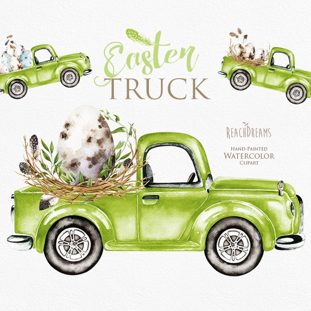 Easter, Truck, Watercolor Clipart, Vintage Pickup, Eggs, Nest, Feathers ...