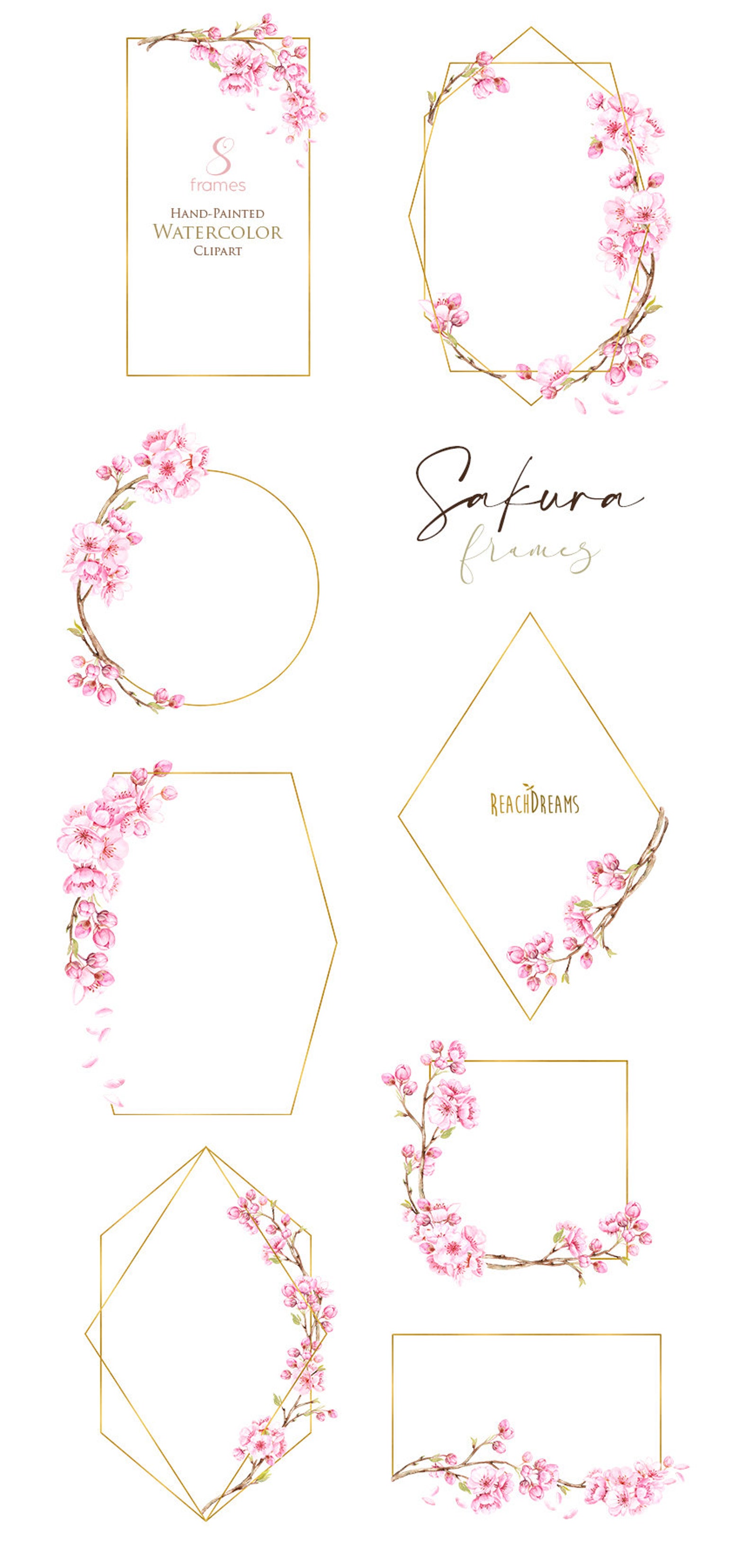 Sakura Frames. Watercolor Floral Geometric Clipart Pink - Etsy