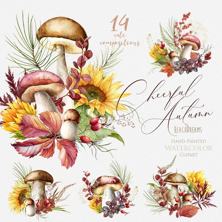 Mushrooms Sunflowers Autumn Leaves Leaf Fall Forest Watercolor Clipart ...
