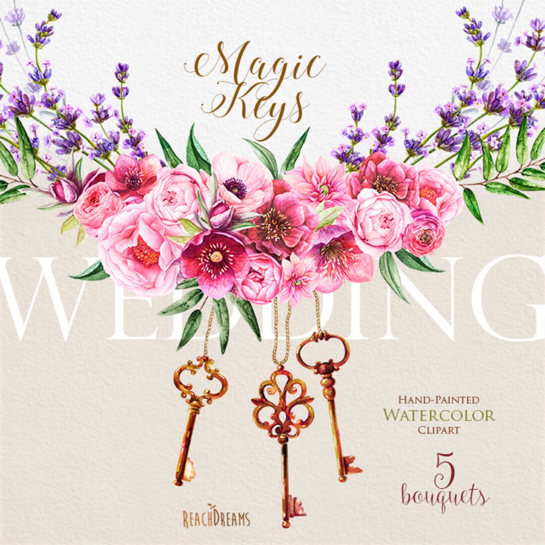 Watercolor Keys and Flowers Clipart, Hand Painted Watercolour Floral ...