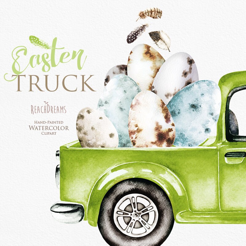 Easter, Truck, Watercolor Clipart, Vintage Pickup, Eggs, Nest, Feathers ...