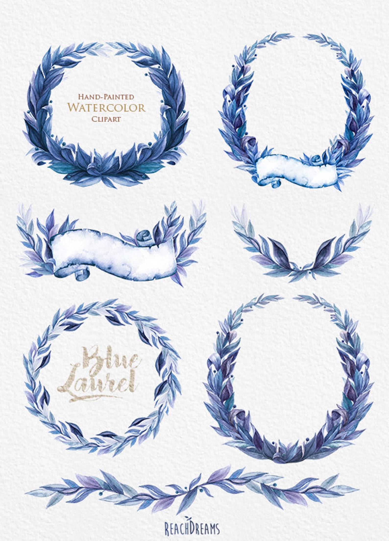 Blue Laurel Wreaths Watercolor Hand Painted Clipart Wedding | Etsy