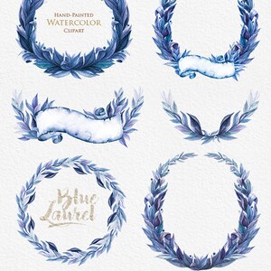Blue Laurel Wreaths, Watercolor Hand Painted Clipart, Wedding ...