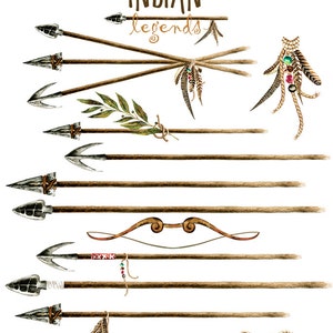 Indian Legends. Watercolor Arrows Clipart, Tribal, Feathers, Boho ...