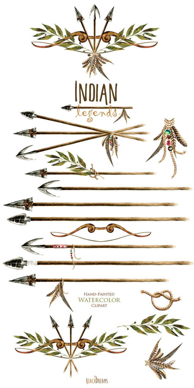 Indian Legends. Watercolor Arrows Clipart, Tribal, Feathers, Boho ...