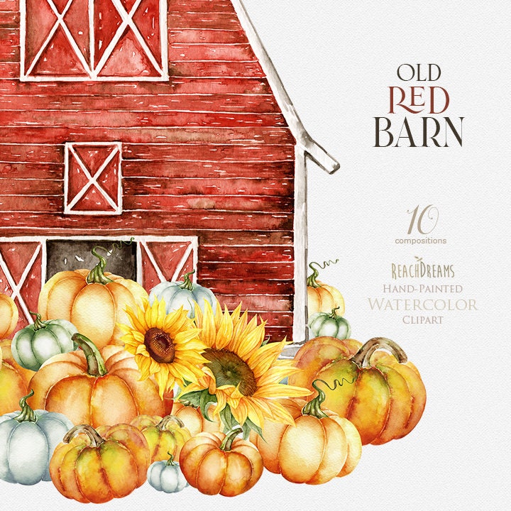 Barn Watercolor Clipart, Red Barn House, Farm, Retro Car, Red Truck ...
