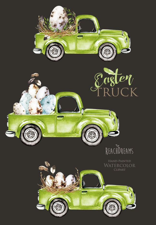 Easter Truck Watercolor Clipart Vintage Pickup Eggs Nest - Etsy