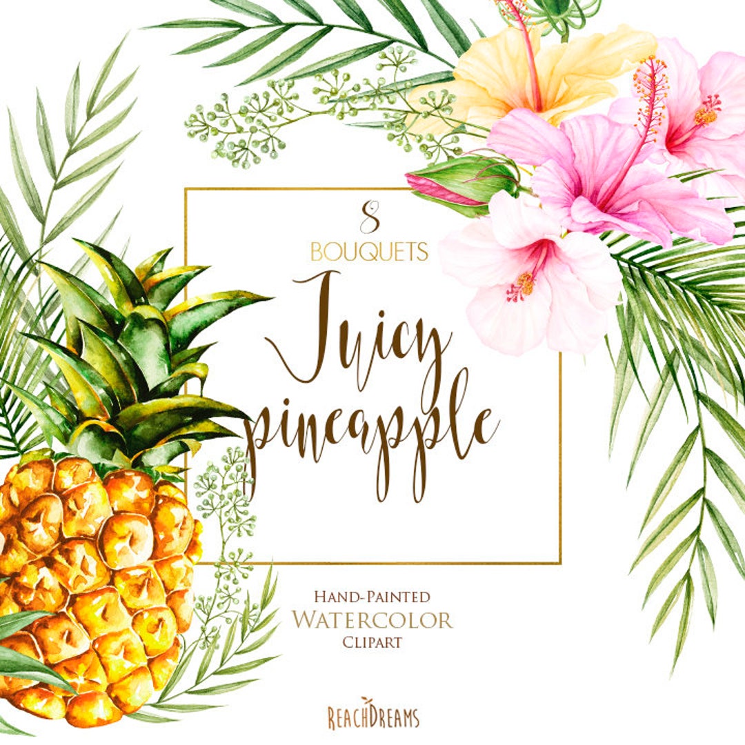 Watercolor Pineapple, Tropical Flowers, Pink Hibiscus, Palm Leaves ...