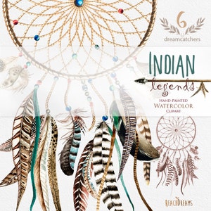 Indian Legends. Watercolor Dreamcatchers Clipart, Tribal, Feathers ...