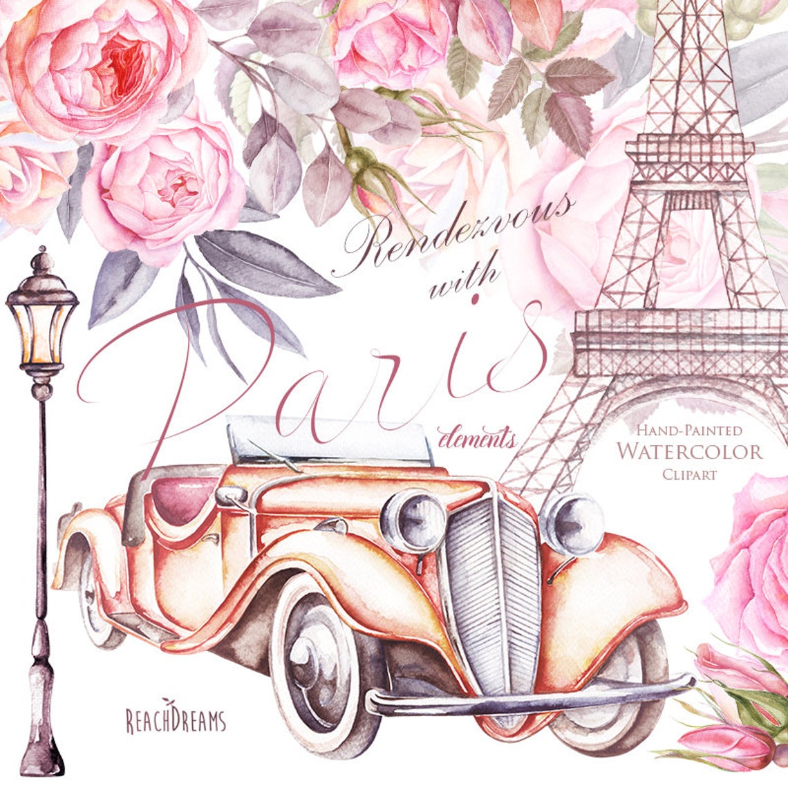Paris Watercolor Clipart France Eiffel Tower France Roses | Etsy