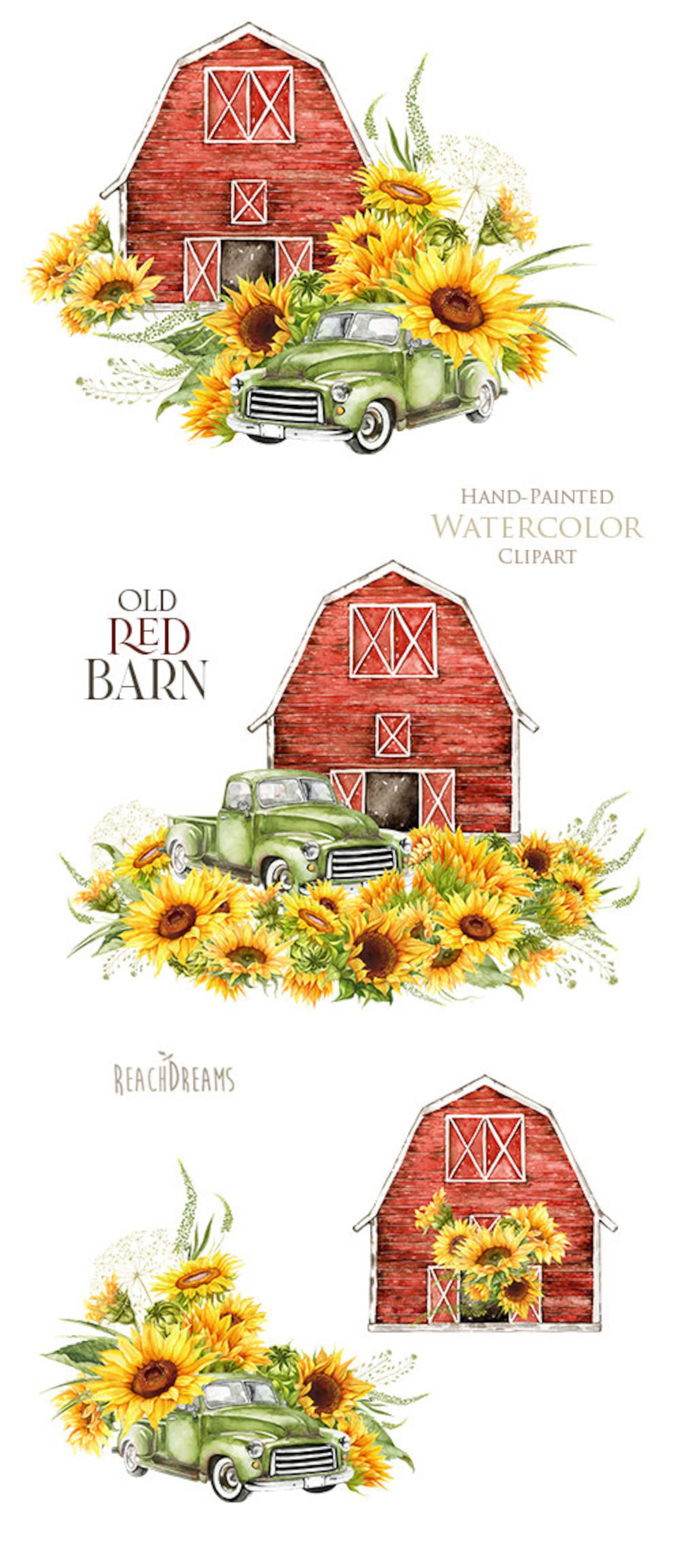 Barn Watercolor Clipart Red Barn House Farm Retro Car - Etsy