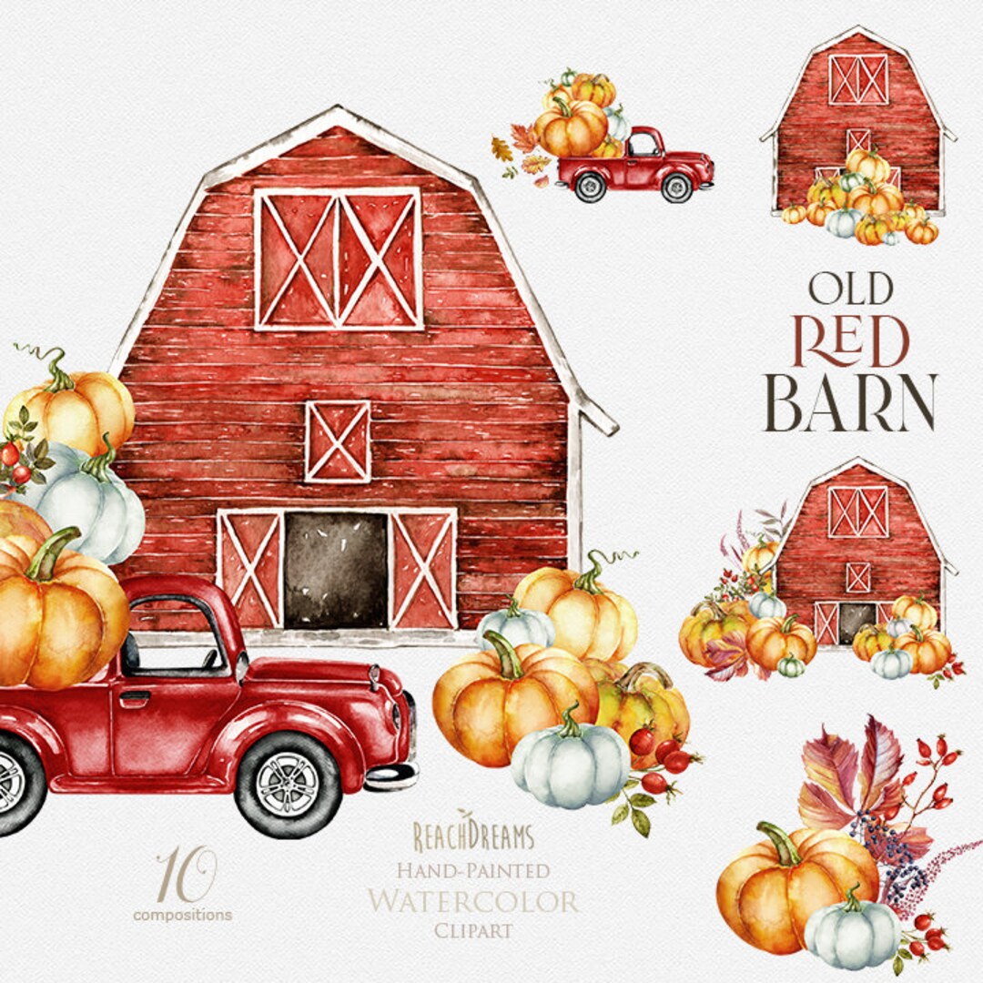 Barn Watercolor Clipart, Red Barn House, Farm, Retro Car, Red Truck ...