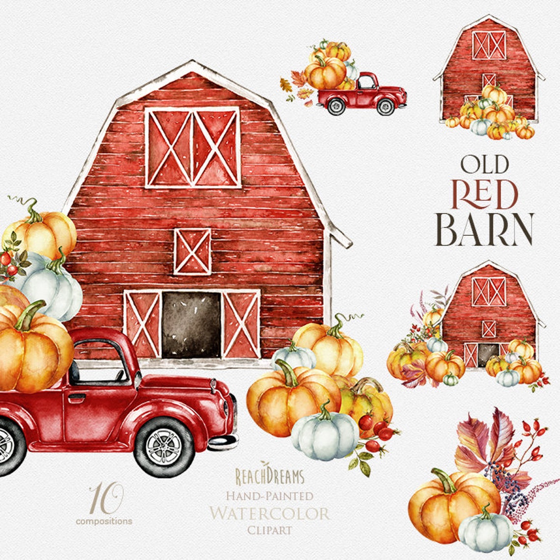 Barn Watercolor Clipart Red Barn House Farm Retro Car Red | Etsy