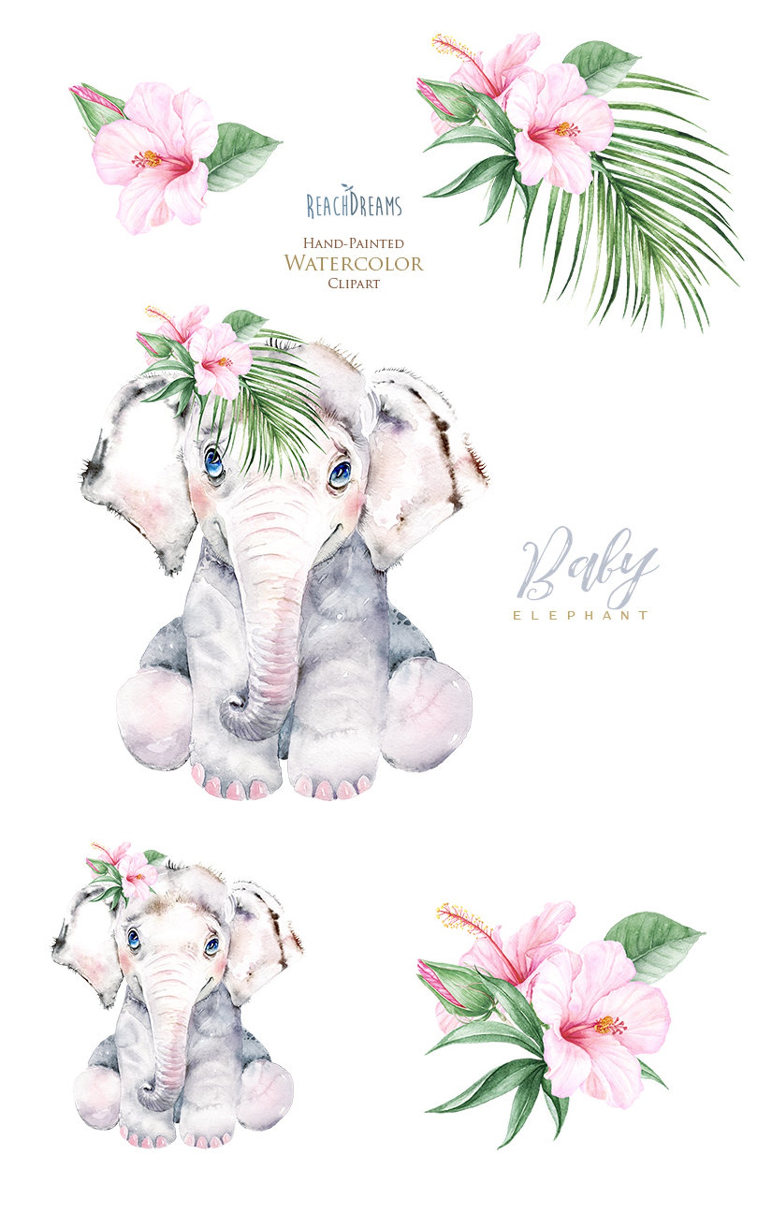 Watercolor Elephant, Little Animals Clipart, Babies Portrait, Cub ...