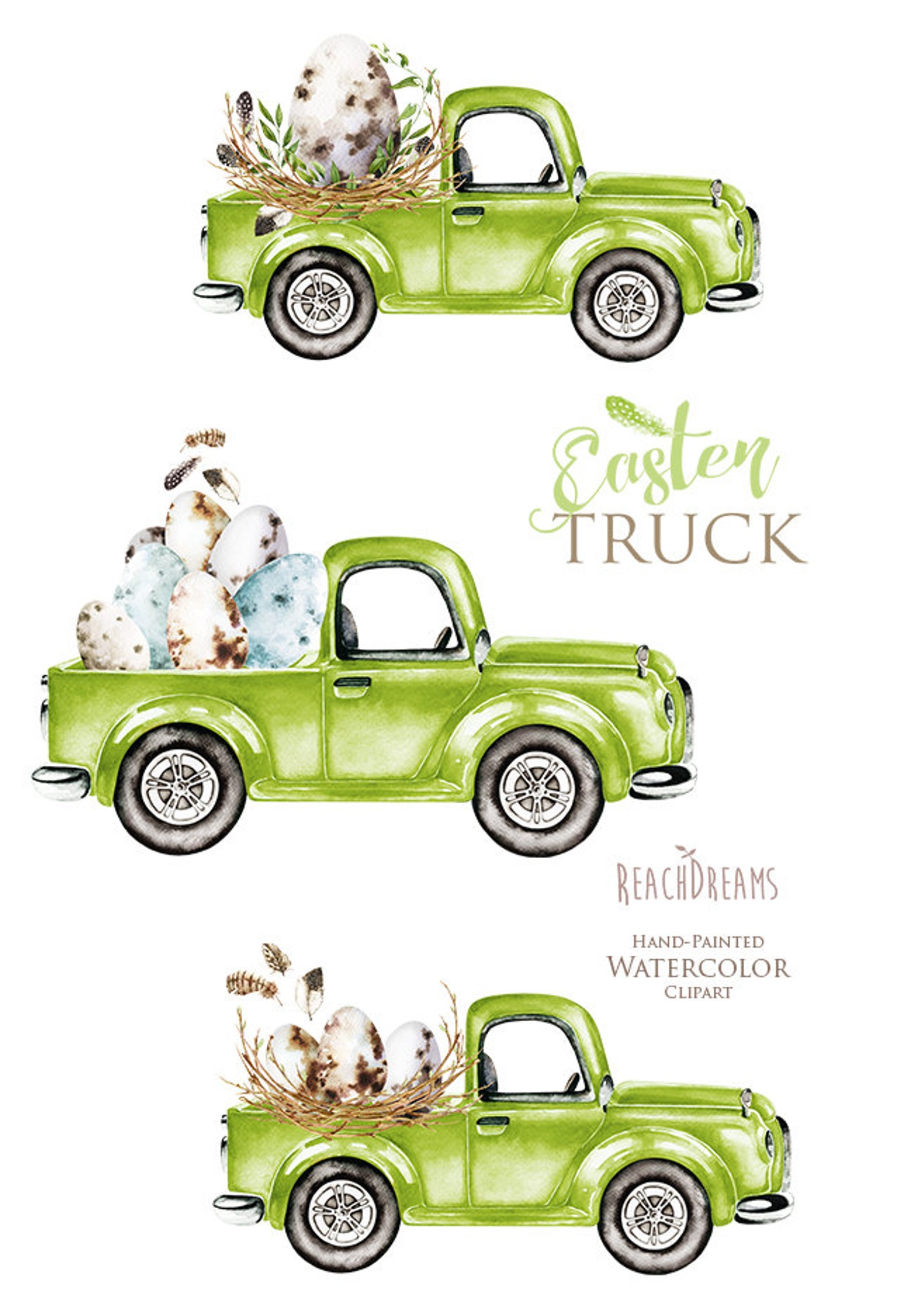 Easter Truck Watercolor Clipart Vintage Pickup Eggs Nest - Etsy