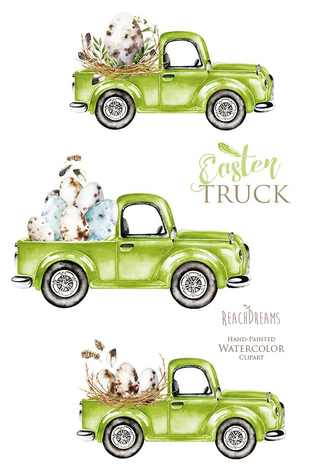 Easter Truck Watercolor Clipart Vintage Pickup Eggs Nest - Etsy